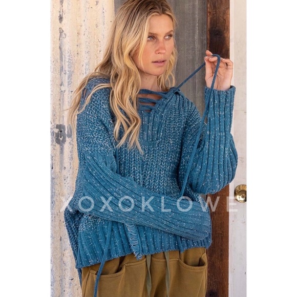 POL | Sweaters | Pol Teal Tattered Hoodie Sweater Ribbed Knit Relaxed ...